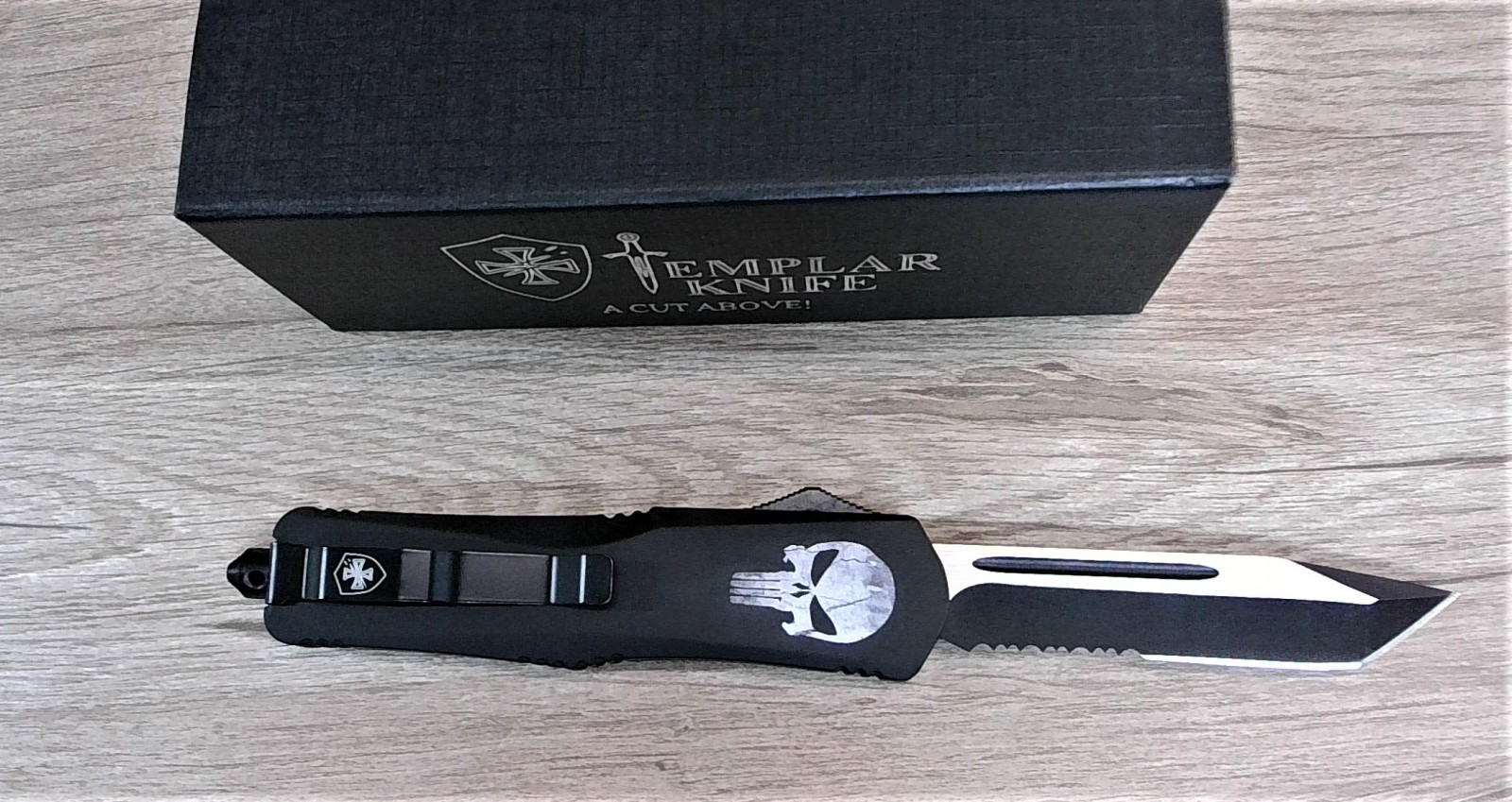 TEMPLAR KNIFE LARGE OTF PUNISHER 3.5" BLADE BLACK TANTO SERRATED on www ...